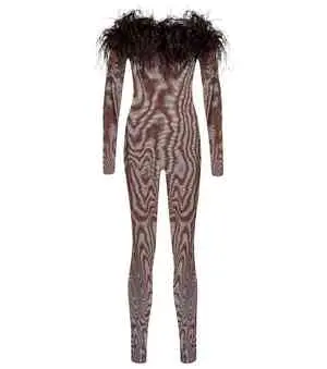 Oseree Feather-trimmed Mesh Jumpsuit