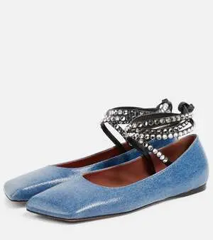 Amina Muaddi Embellished Denim Ballet Flats