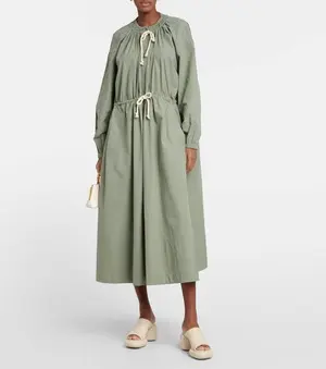 JIL SANDER Drawstring Cotton Poplin Midi Dress