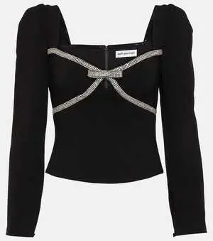 SELF-PORTRAIT Bow Embellished Crepe Crop Top - Black