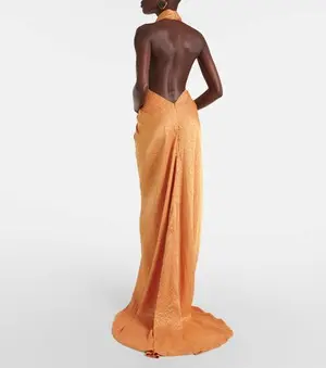Costarellos Joa Gathered Halterneck Gown - Orange