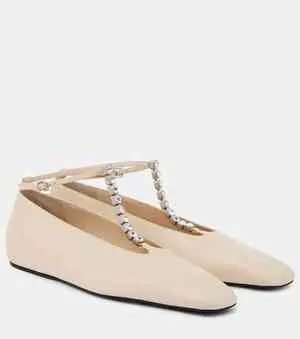 JIL SANDER Crystal-embellished Leather Ballet Flats - White
