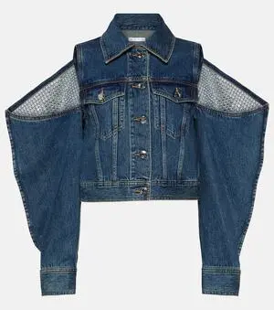 AREA Embellished Cutout Denim Jacket - Blue