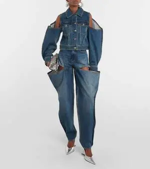 AREA Embellished Cutout Denim Jacket