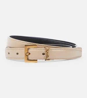 Saint Laurent Cassandre Slim Leather Belt Beige