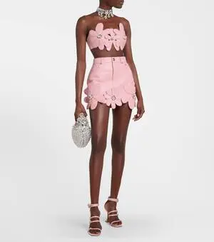 AREA Mussel Flower Embellished Leather Strapless Top