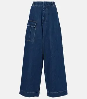Plan C Mid-rise Wide-leg Denim Cargo Pants