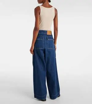 Plan C Mid-rise Wide-leg Denim Cargo Pants