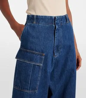 Plan C Mid-rise Wide-leg Denim Cargo Pants