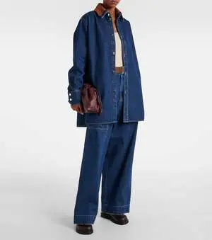 Plan C Mid-rise Wide-leg Denim Cargo Pants
