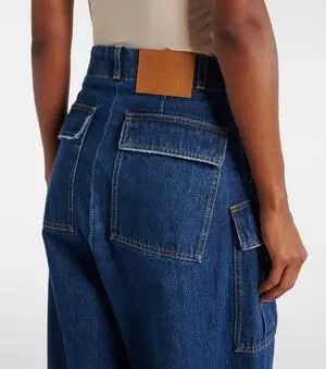 Plan C Mid-rise Wide-leg Denim Cargo Pants