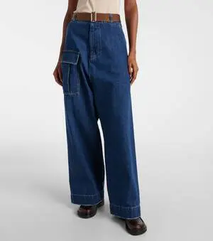 Plan C Mid-rise Wide-leg Denim Cargo Pants