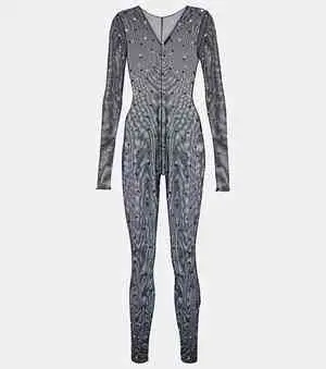 Oseree Gem Embellished Mesh Jumpsuit - Black