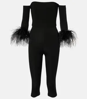 THE NEW ARRIVALS ILKYAZ OZEL Feather-trimmed Off-shoulder Jumpsuit - Black