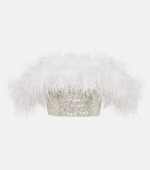 SELF-PORTRAIT Sequined Feather-trimmed Crop Top - Silver