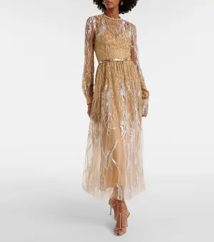 Elie Saab Embroidered Tulle Midi Dress