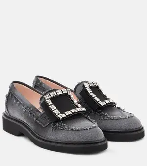 ROGER VIVIER Embellished Denim Loafers - Grey