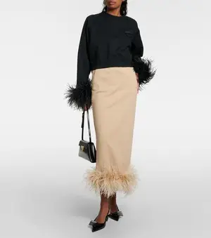 Prada Feather-trimmed Cotton Midi Skirt