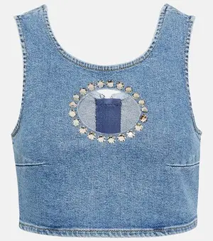 7 For All Mankind Embellished Denim Crop Top