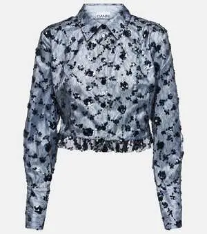 GANNI Sequined Lace Cropped Shirt