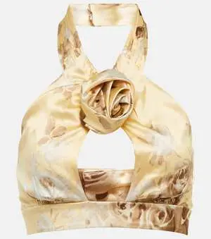 Alessandra Rich Floral Silk Satin Crop Top - Neutrals