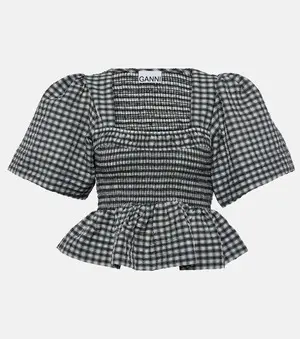 GANNI Checked Seersucker Peplum Top