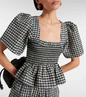GANNI Checked Seersucker Peplum Top
