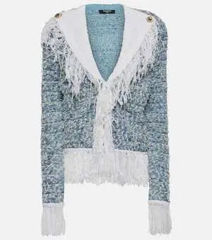 Balmain Fringed Denim Tweed Jacket - Blue