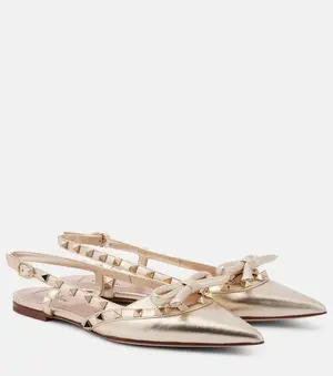 Valentino Garavani Rockstud Leather Slingback Flats - Gold
