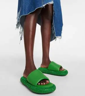 JW Anderson Embellished Leather Slides - Green