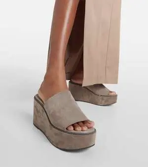 Brunello Cucinelli Suede Platform Slides - Grey