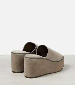 Brunello Cucinelli Suede Platform Slides - Grey