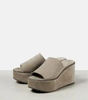 Brunello Cucinelli Suede Platform Slides - Grey