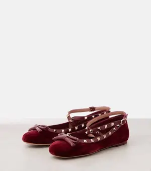 Valentino Garavani Rockstud Velvet Ballet Flats - Burgundy