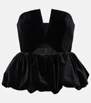 SELF-PORTRAIT Cutout Peplum Velvet Bandeau Top - Black
