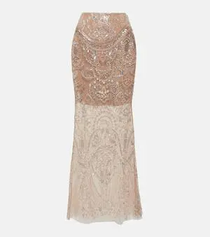 SELF-PORTRAIT Embellished Flared Maxi Skirt - Silver