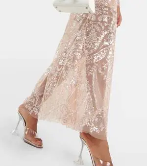SELF-PORTRAIT Embellished Flared Maxi Skirt