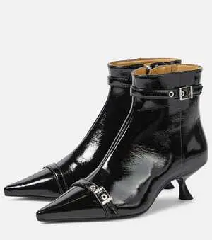 GANNI Buckled Faux Leather Pointed Toe Ankle Boots