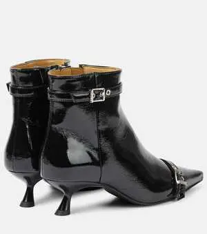 GANNI Buckled Faux Leather Pointed Toe Ankle Boots