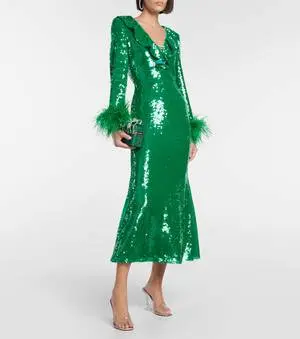 SELF-PORTRAIT Feather-trimmed Sequined Midi Dress
