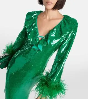 SELF-PORTRAIT Feather-trimmed Sequined Midi Dress