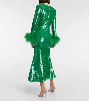 SELF-PORTRAIT Feather-trimmed Sequined Midi Dress
