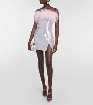 SELF-PORTRAIT Feather-trimmed Sequined Mini Dress
