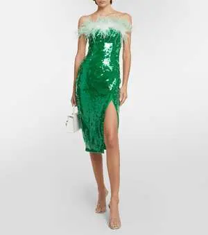 SELF-PORTRAIT Feather-trimmed Sequined Midi Dress