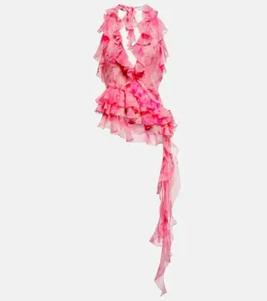 Alessandra Rich Crystal-embellished Ruffled Silk Top - Pink