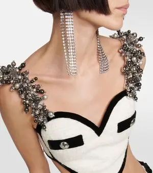 AREA Heart-embellished Bouclé Crop Top