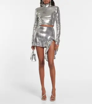 David Koma Sequined Mock Neck Crop Top