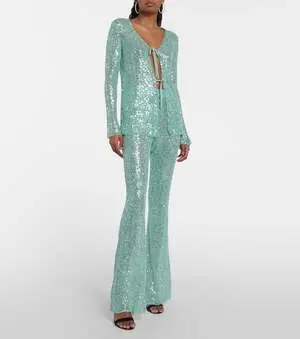 SELF-PORTRAIT Beaded High-rise Flared Pants