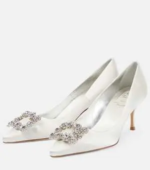 ROGER VIVIER Flower Strass Embellished Satin Pumps - White