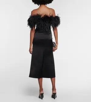 David Koma Feather-trimmed Satin Midi Dress